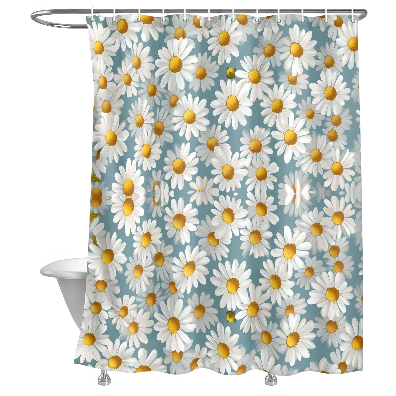 Bathroom Shower Curtain White Daisy Summer Watercolor Flower Waterproof ...
