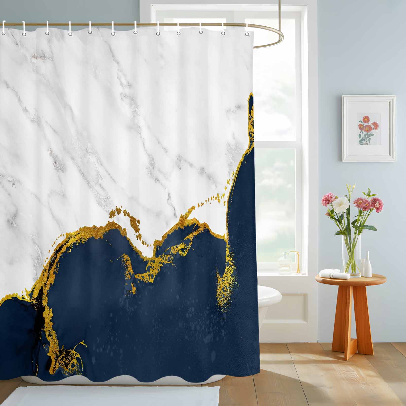 Bathroom Shower Curtain White Navy Blue Marble Texture Waterproof ...