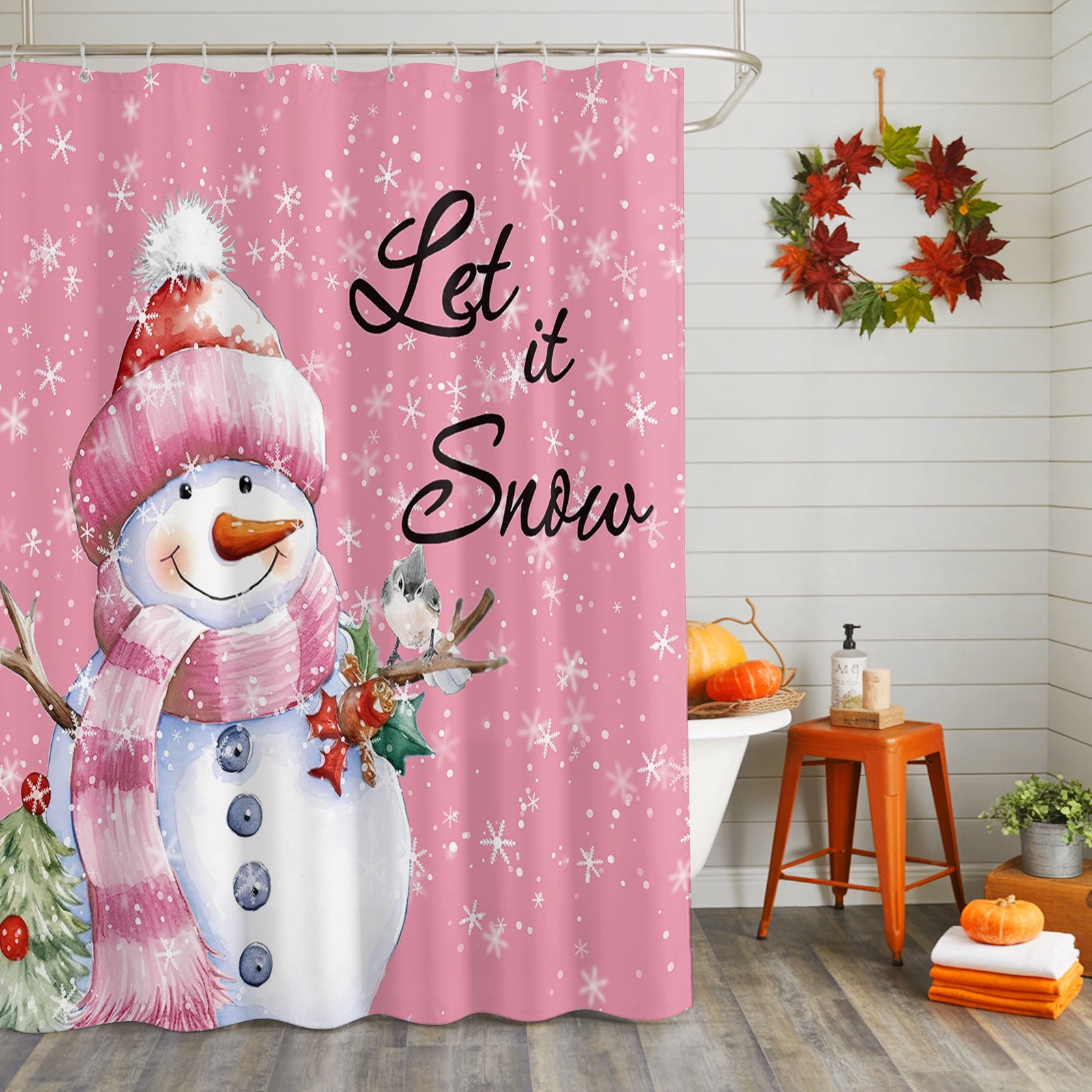 Bathroom Shower Curtain Winter Christmas Snowman Bird Waterproof Shower ...