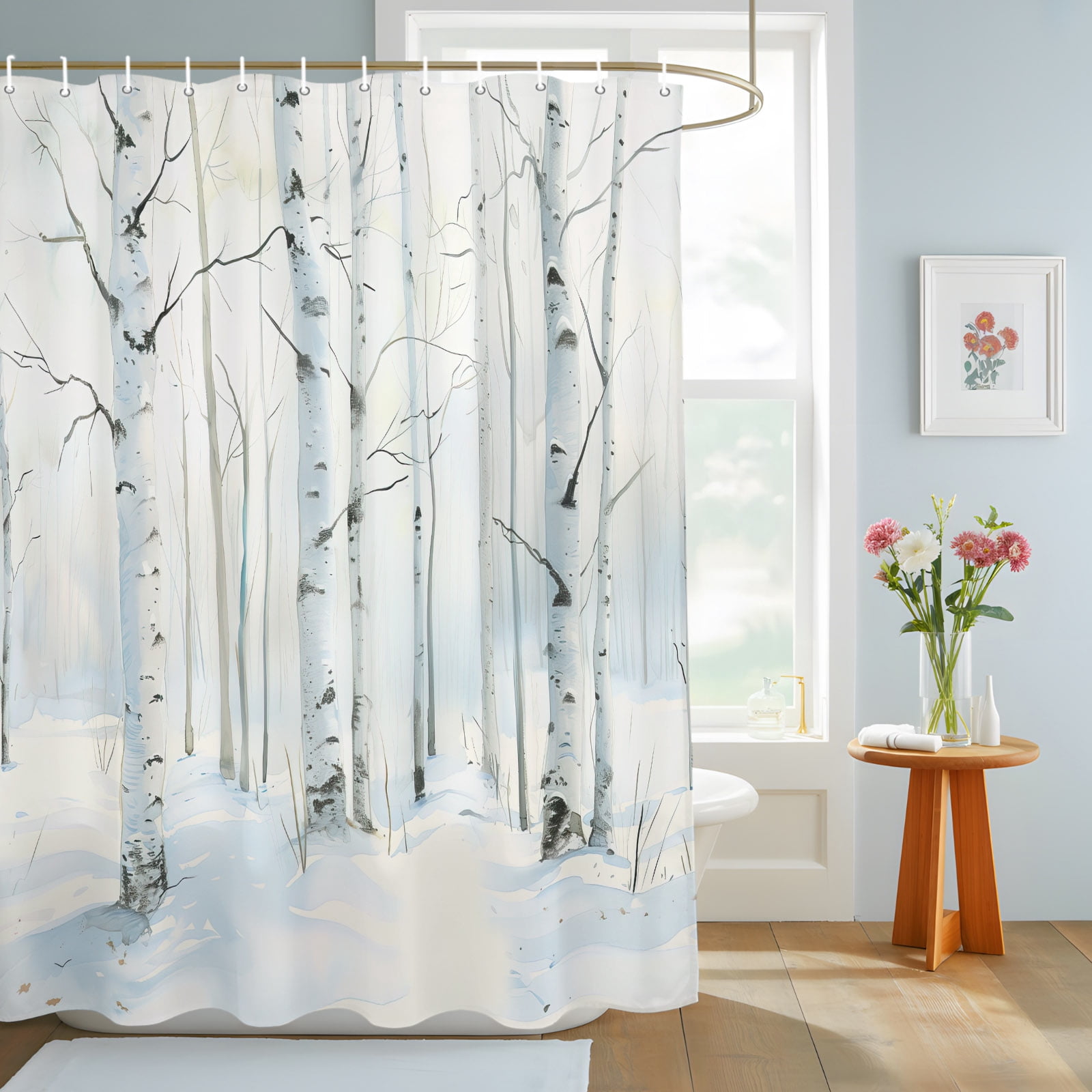 Bathroom Shower Curtain Winter Tree Forest White Snow Waterproof Shower ...