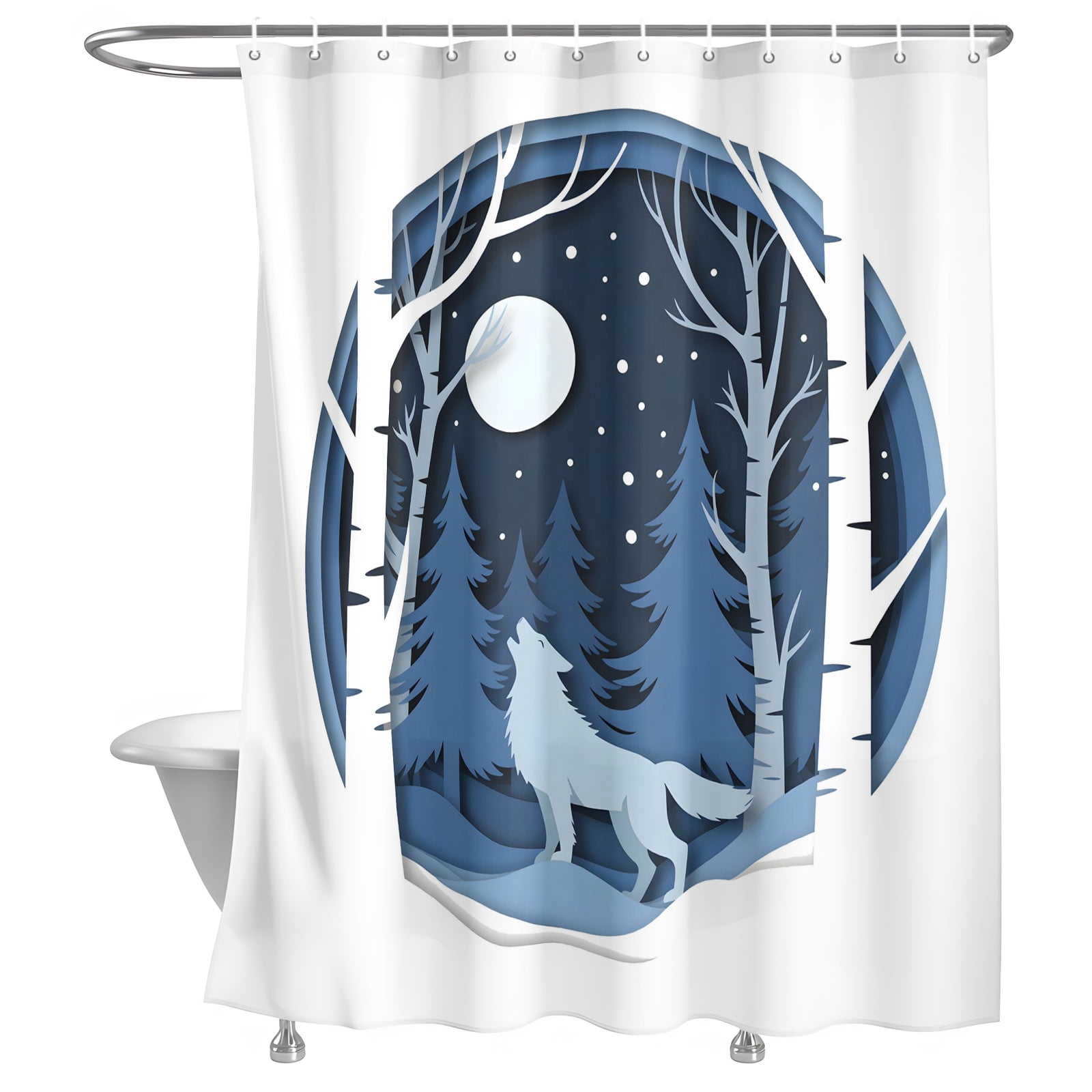 Bathroom Shower Curtain Winter Wolves Blue Pine Tree Forest Waterproof ...