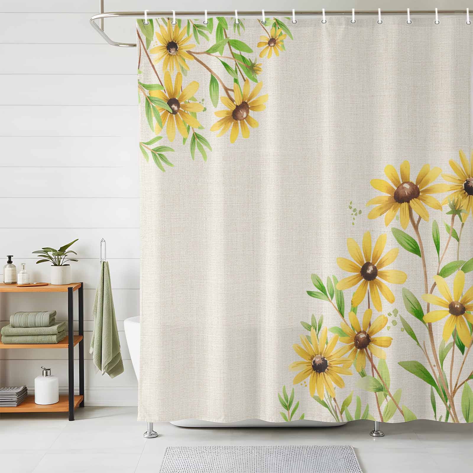 Bathroom Shower Curtain Yellow Daisy Flower Farm Green Plant Waterproof ...