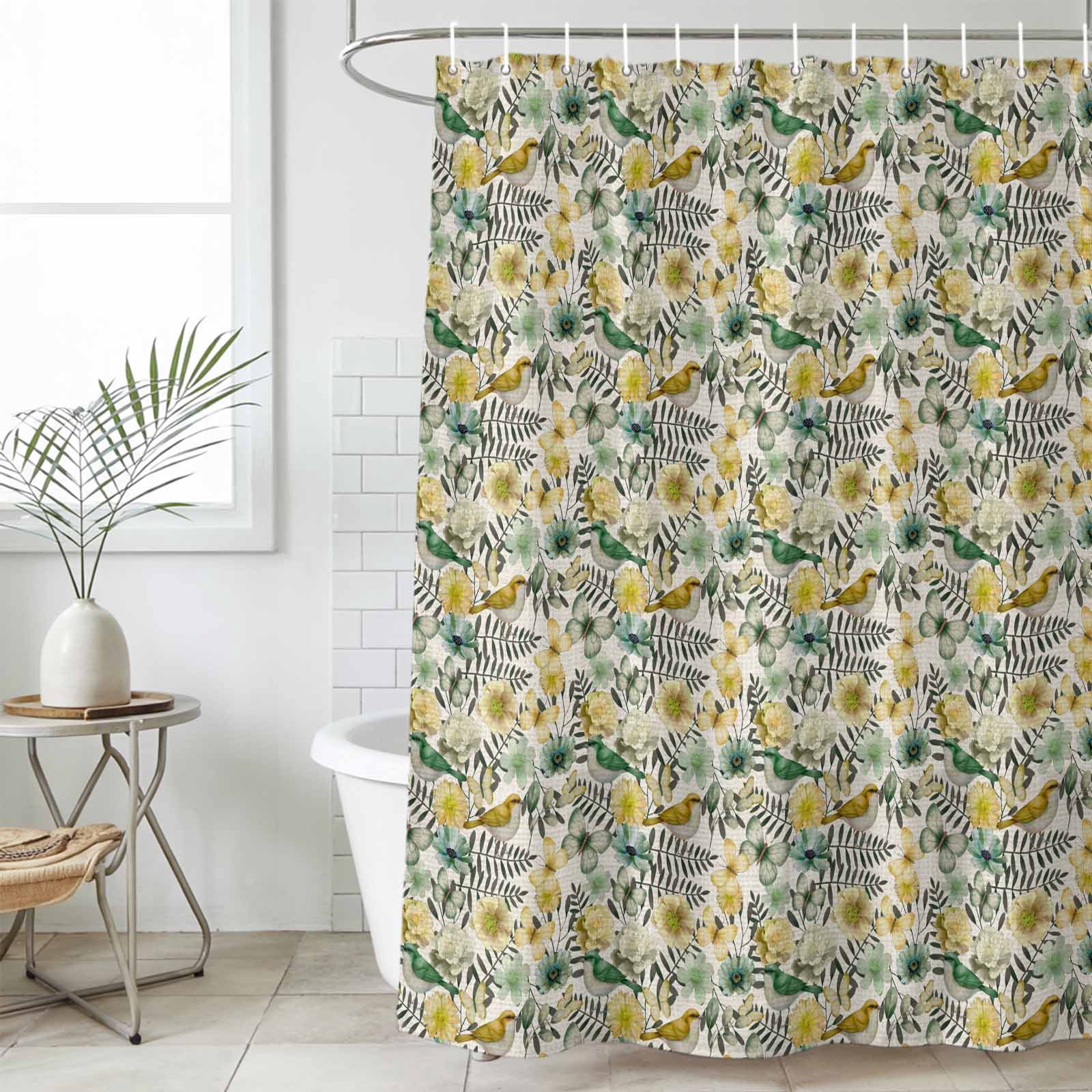 Bathroom Shower Curtain Yellow Flower Green Leaves on Beige Waterproof ...