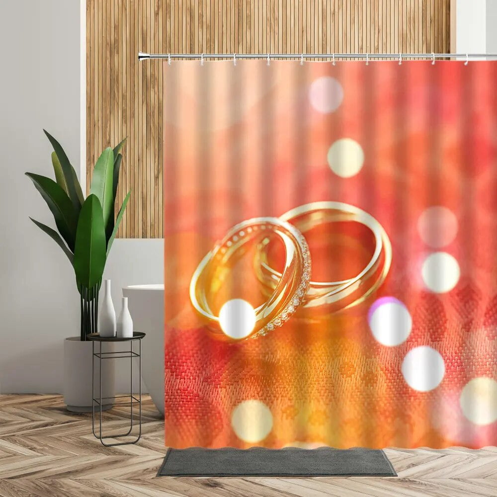 Bathroom Shower Curtains 3d Gold Lovers Ring Red Heart Home Decoration