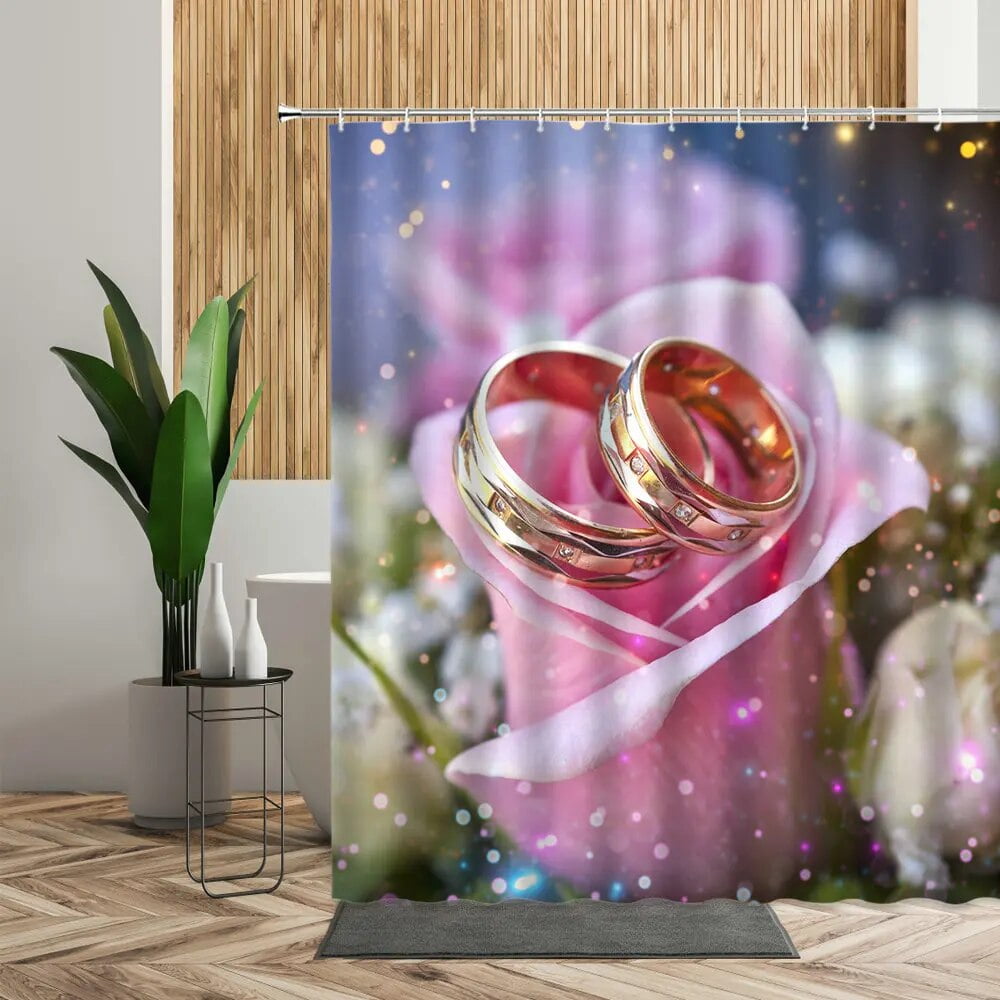 Bathroom Shower Curtains 3d Gold Lovers Ring Red Heart Home Decoration