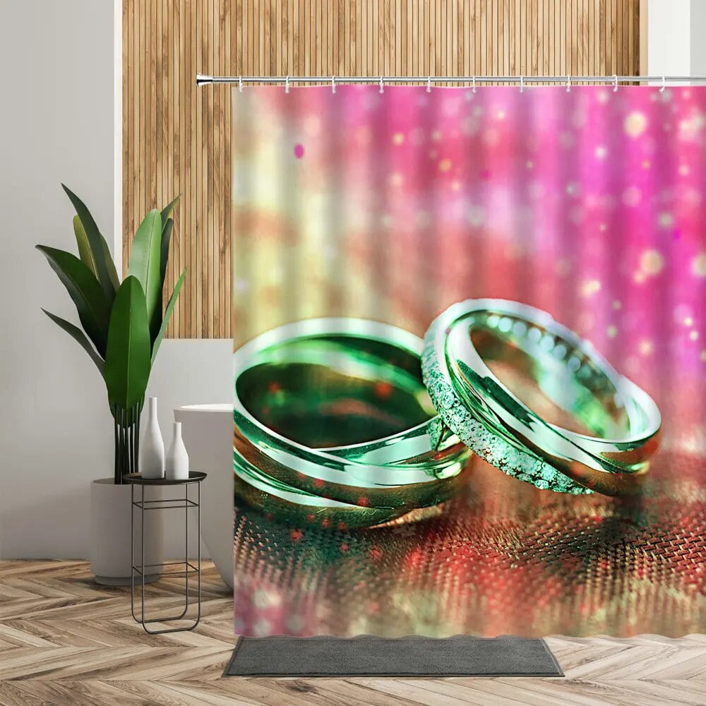 Bathroom Shower Curtains 3d Gold Lovers Ring Red Heart Home Decoration
