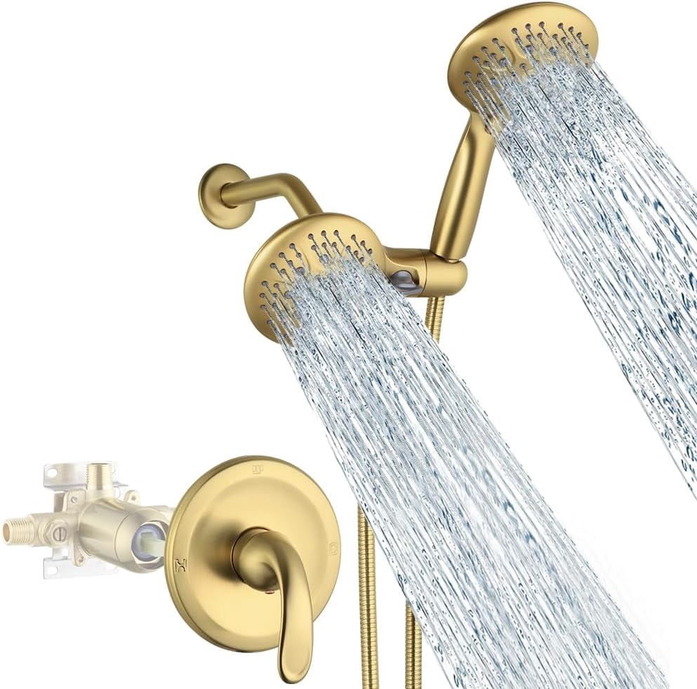 Bathroom Shower Faucet Set with Brushed Gold Dual 2 in 1 Shower Head ...