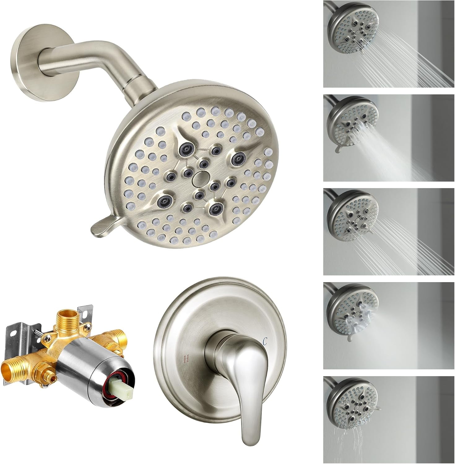 Bathroom Shower Fixtures Rainfall Shower Head 5 Spray Modes Balanced ...