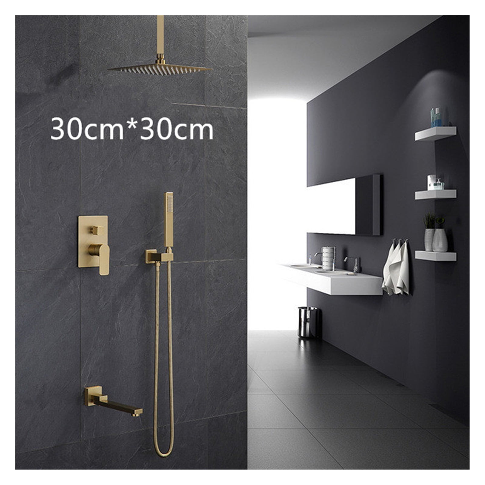 Bathroom Shower Set Brushed Gold Square Rainfall Shower Faucet Wall or ...