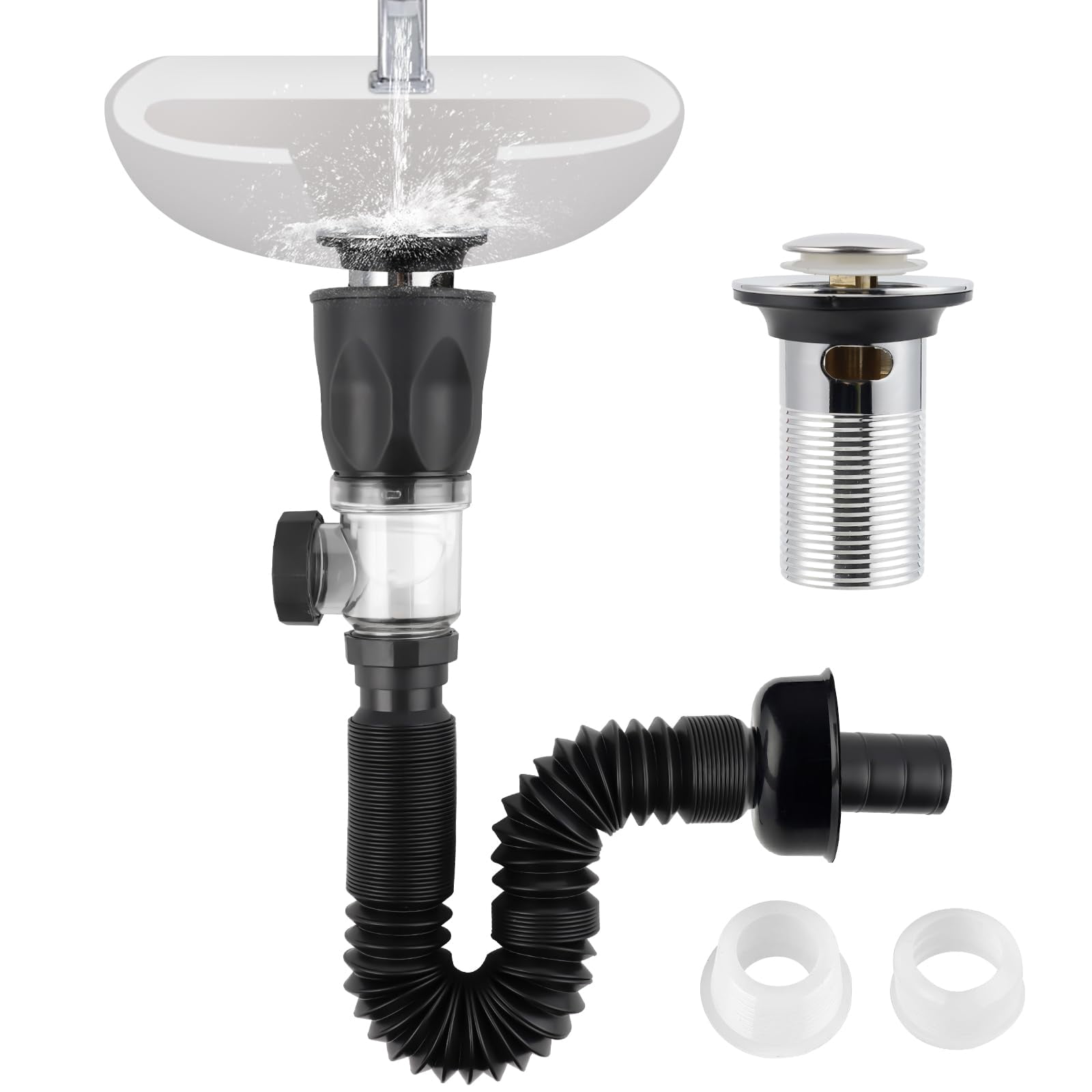 Bathroom Sink Drain Kit Chrome Small Cover Cap Pop Up Stopper Flexible ...