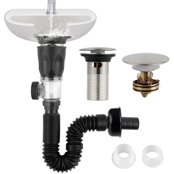 Bathroom Sink Drain Kit, Flexible P-Trap Drain Pipe with Pop Up Stopper ...