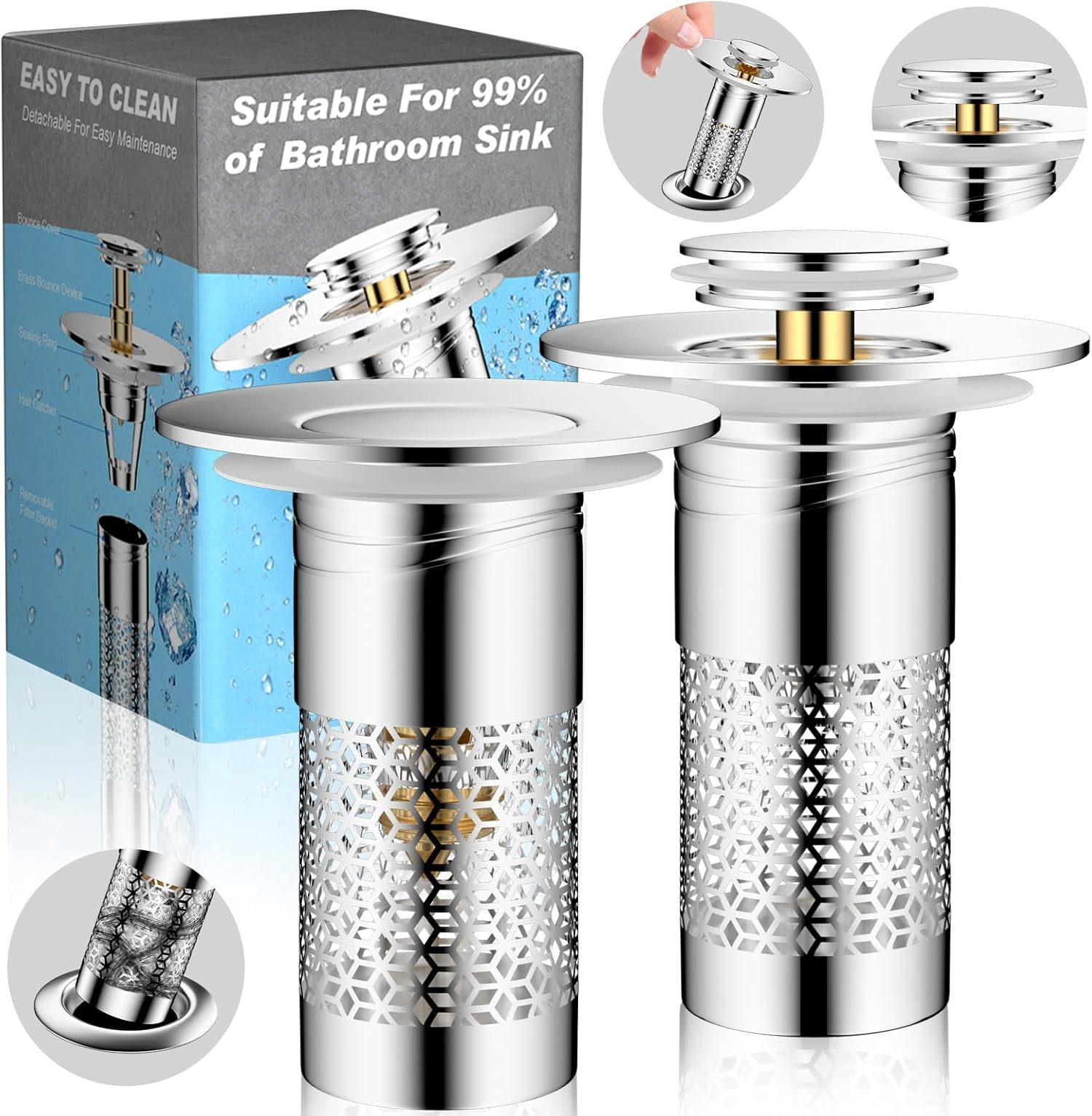 Bathroom Sink Drain Strainer 2 Pack, Universal Pop Up Stopper with ...