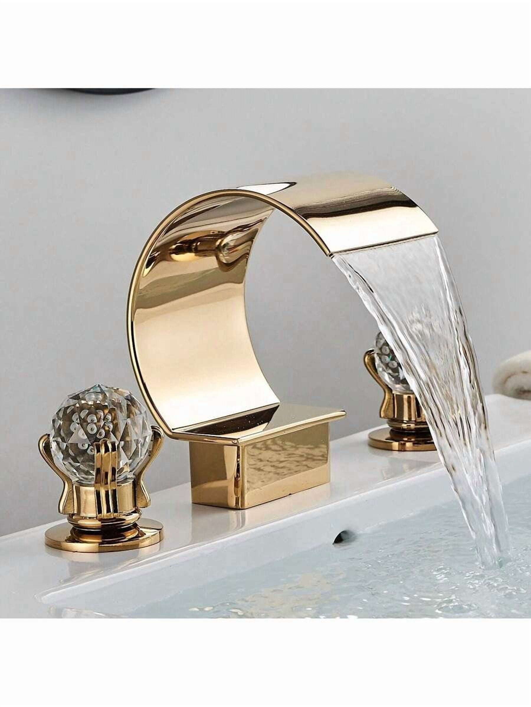 Bathroom Sink Faucet 3 Hole 2 Handle Crystal Knobs High Arc Waterfall ...