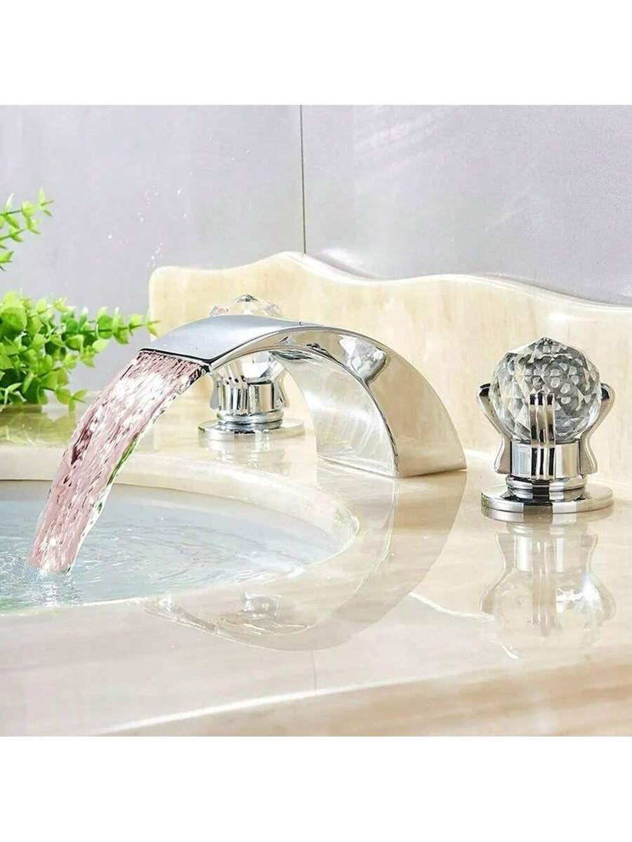 Bathroom Sink Faucet 3 Hole 2 Handle Widespread LED Light Waterfall ...