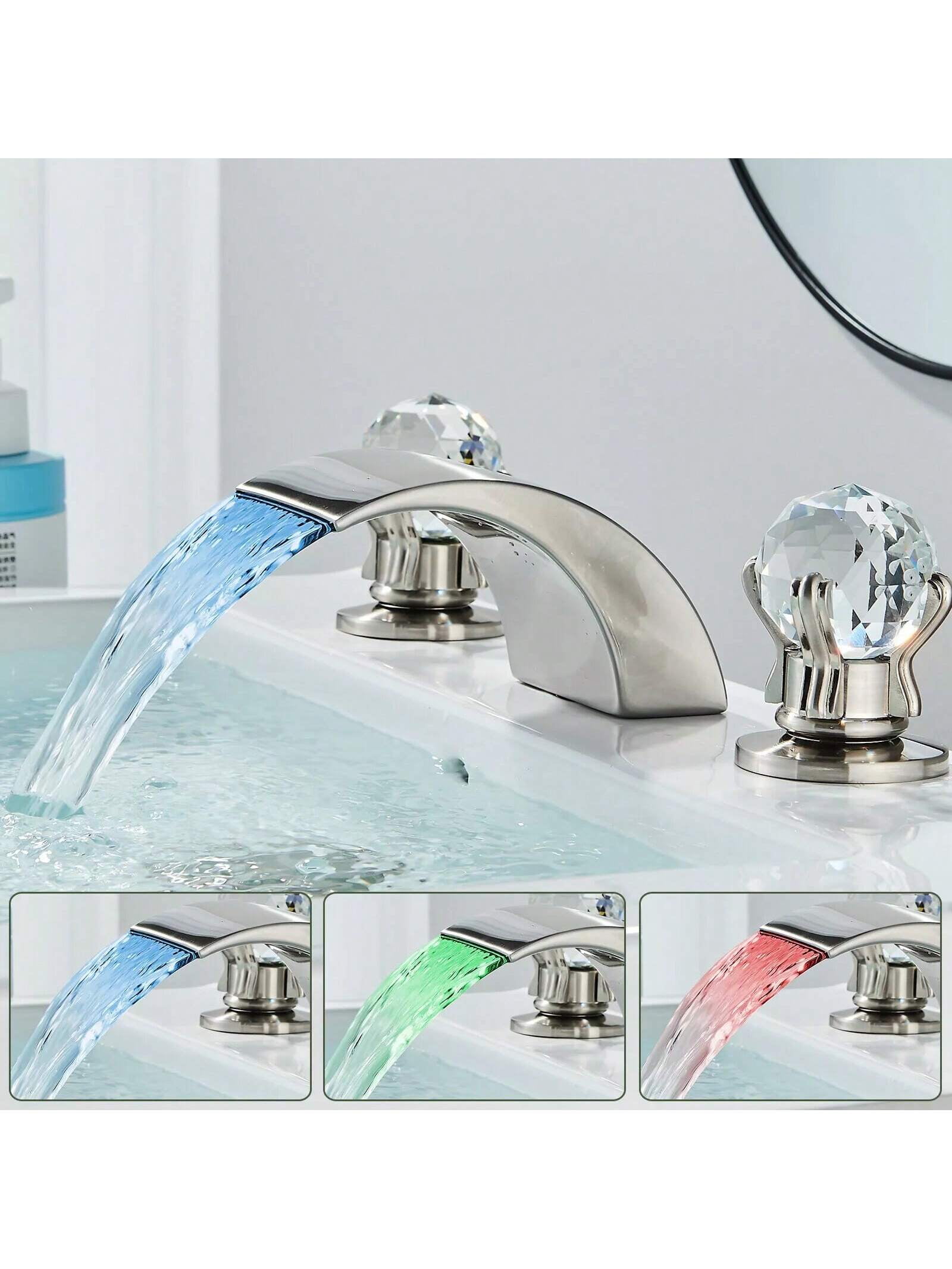 Bathroom Sink Faucet 3 Hole 2 Handle Widespread LED Light Waterfall ...