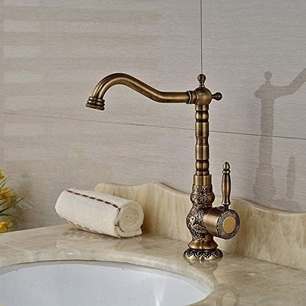 Bathroom Sink Faucet, Antique Brass Basin Faucet Longnose Spout Flower ...