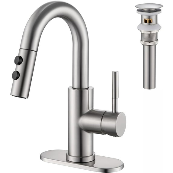 Bathroom Sink Faucet with Pull Down Sprayer, Brushed Nickel Single Handle Pull Out Faucet with ...