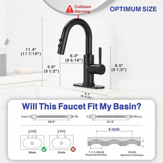 Bathroom Sink Faucet with Pull Down Sprayer, Matte Black Single Handle ...