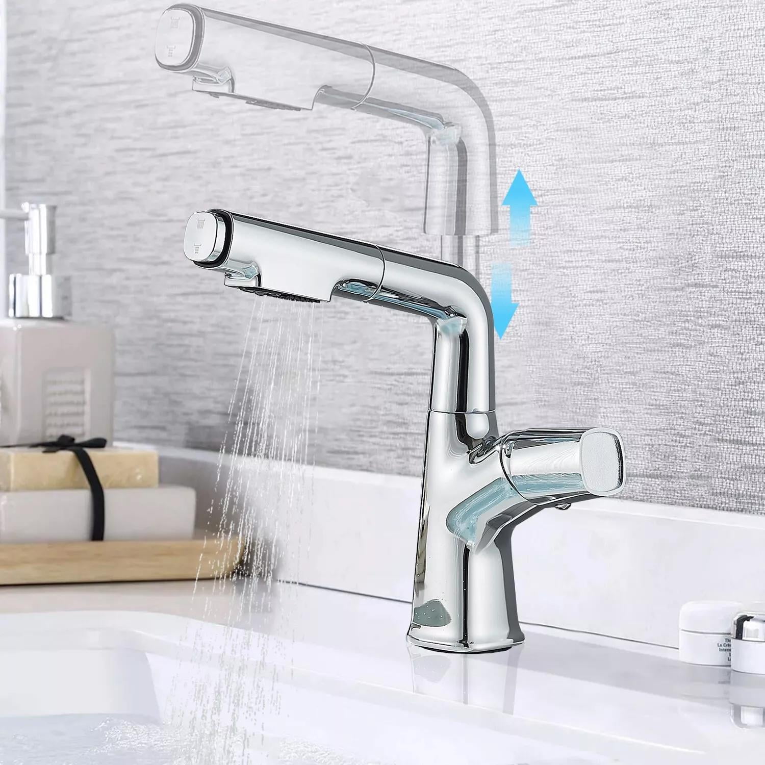 Bathroom Sink Faucet With Pull Down Sprayer Single Handle Basin Vanity ...