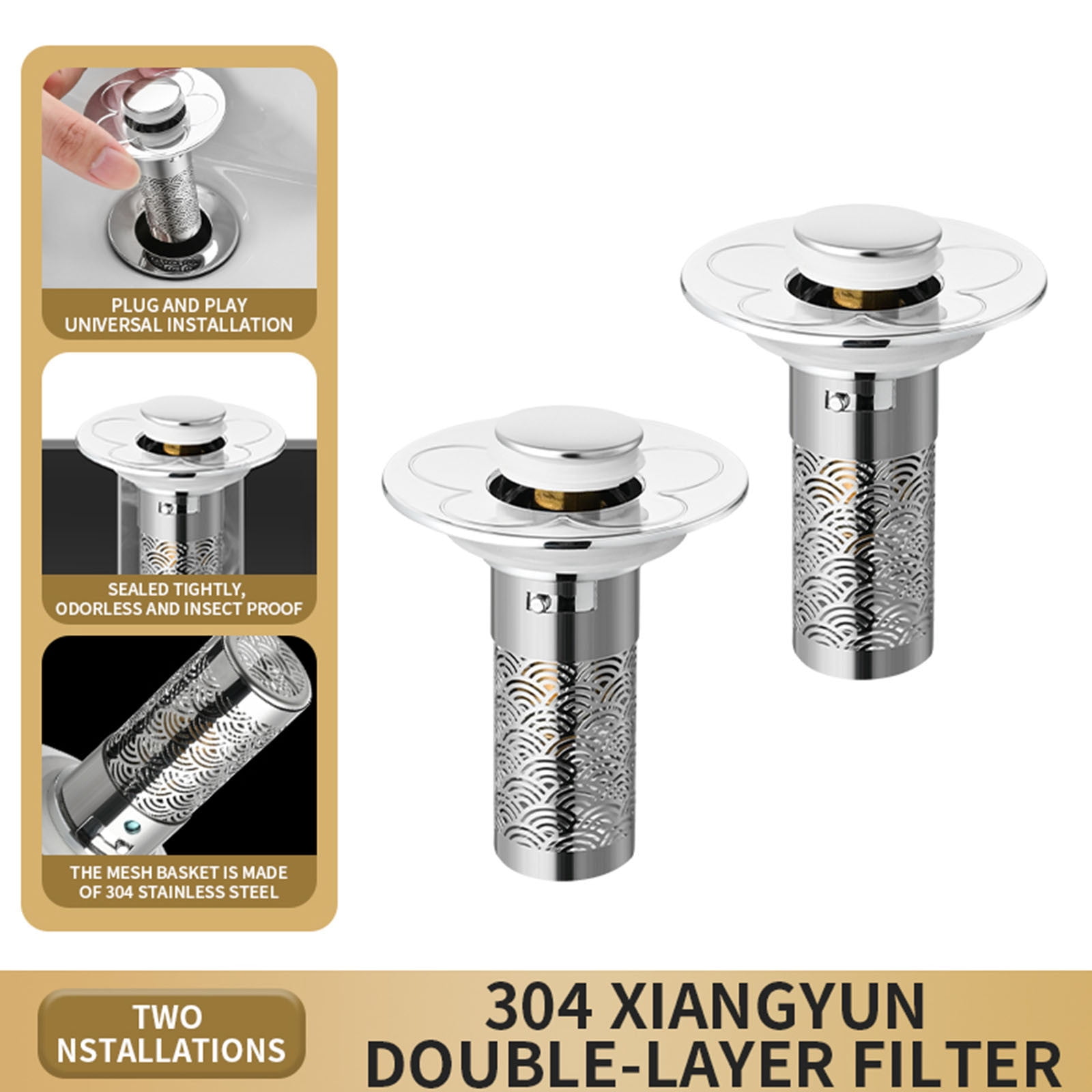 Bathroom Sink Stopper Strainer with Removable Stainless Steel Hair ...