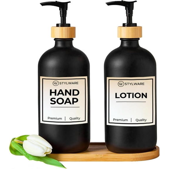 Black Glass Hand Soap Dispenser Bathroom Set by - with Tray Pump Bottle ...