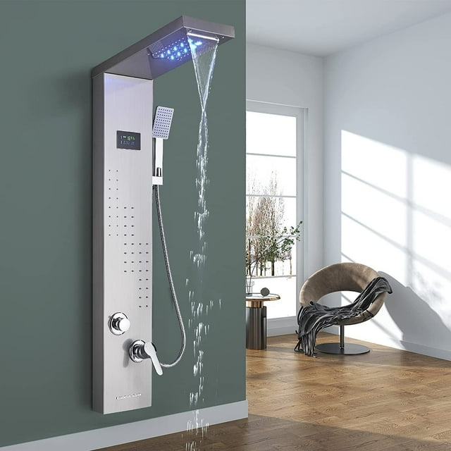 Bathroom Stainless Steel LED Shower Panel Rain Waterfall Tower Massage ...