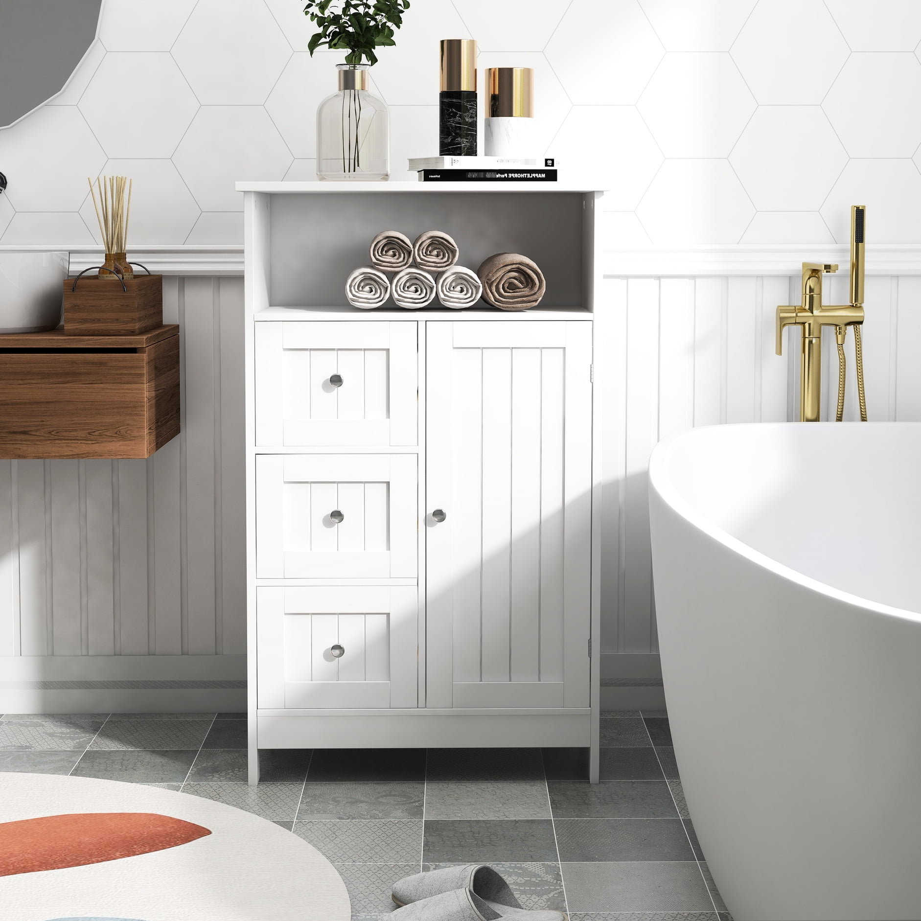 Bathroom Standing Cabinet White - 3 Drawers And 1 Door For A Hassle ...