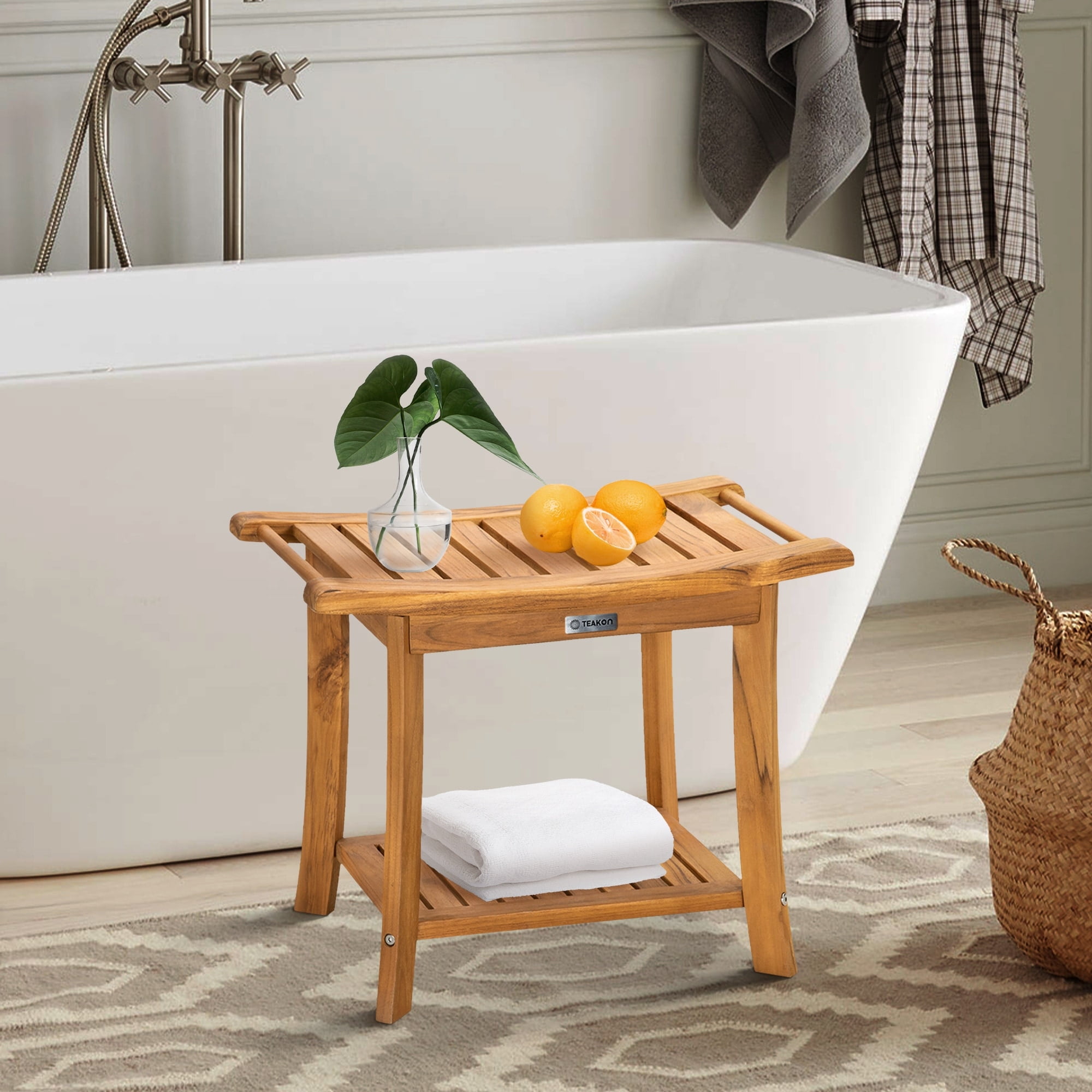 Bathroom Stool with Storage Shelf, Teak Shower Bench Waterproof Wood ...