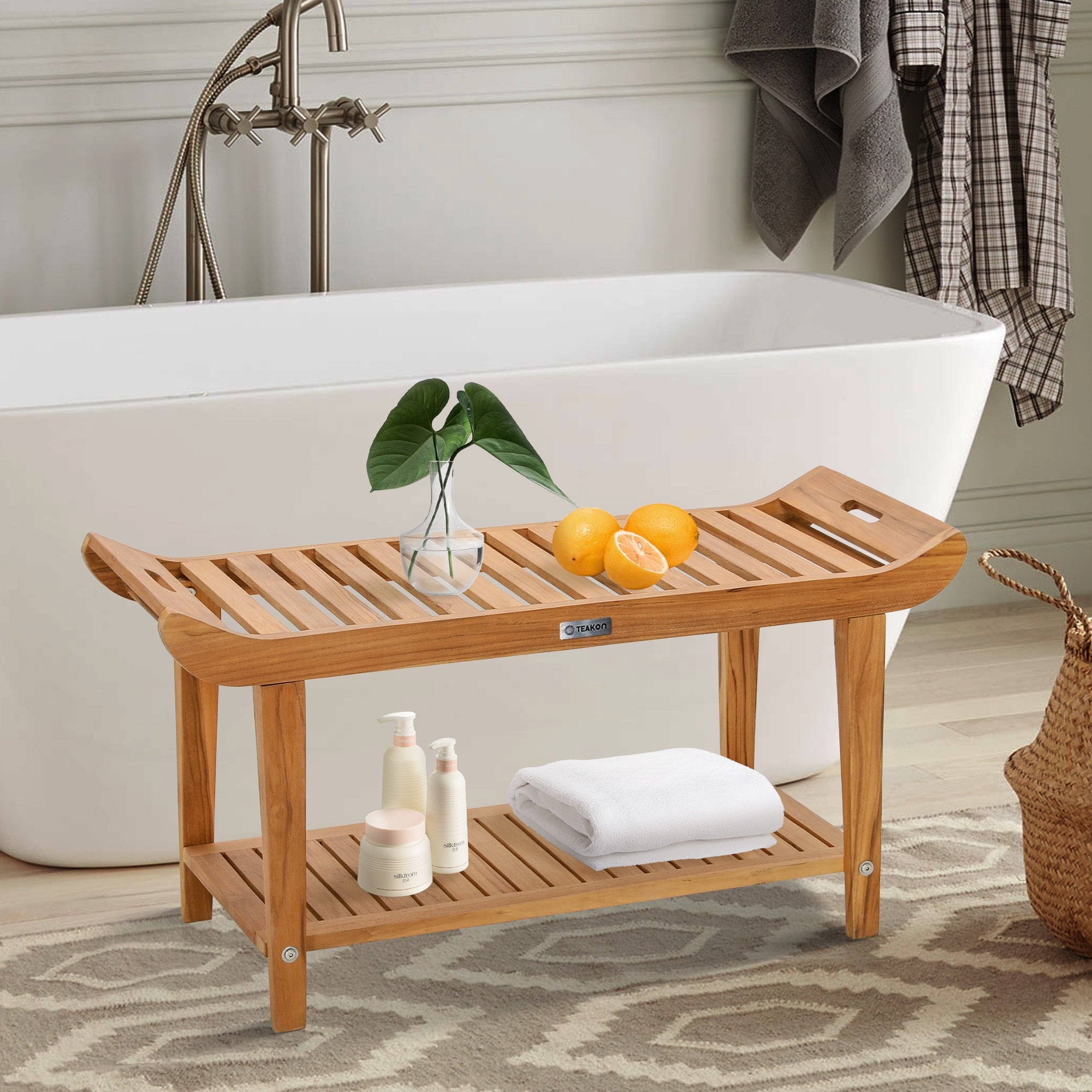 Bathroom Stool with Storage Shelf, Teak Shower Bench Waterproof Wood ...
