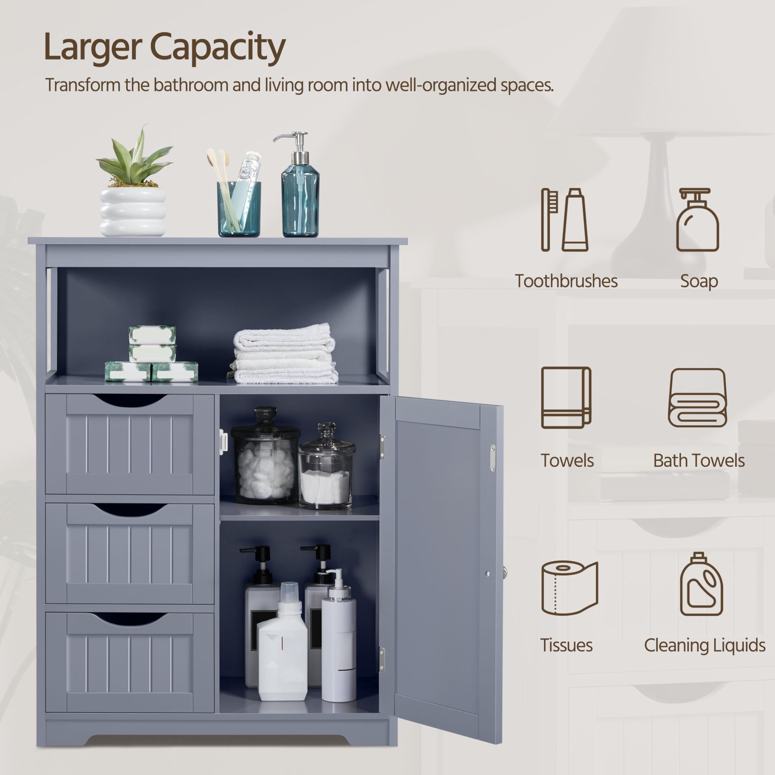 Bathroom Storage Cabinet with Door and 3 Drawers, Freestanding Floor ...