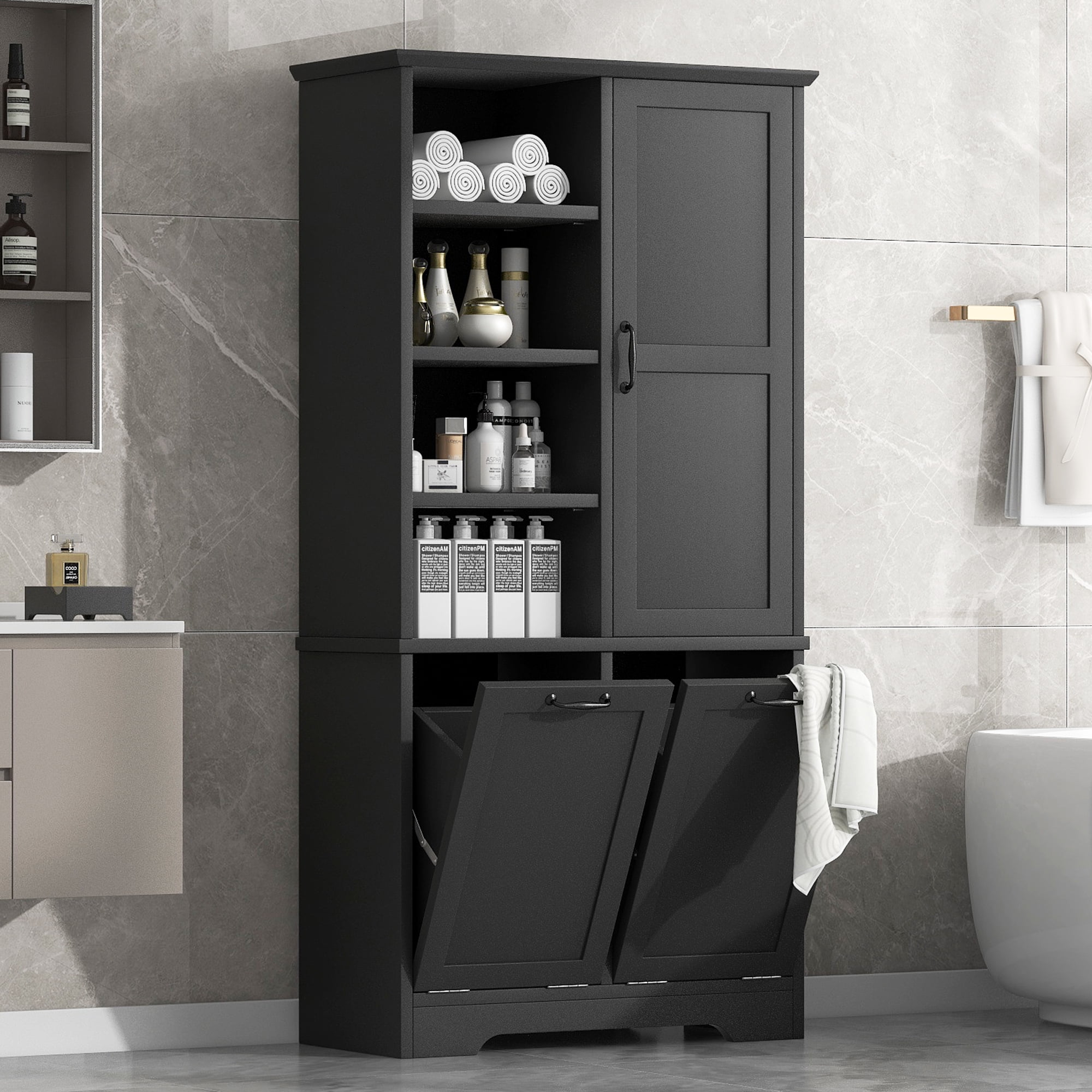 Bathroom Storage Cabinet with Doors and Drawers, Tilt-Out Laundry ...