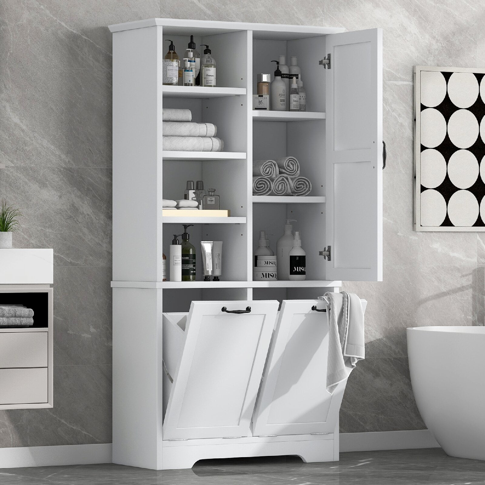 Bathroom Storage Cabinet with Doors and Drawers, Tilt-Out Laundry ...