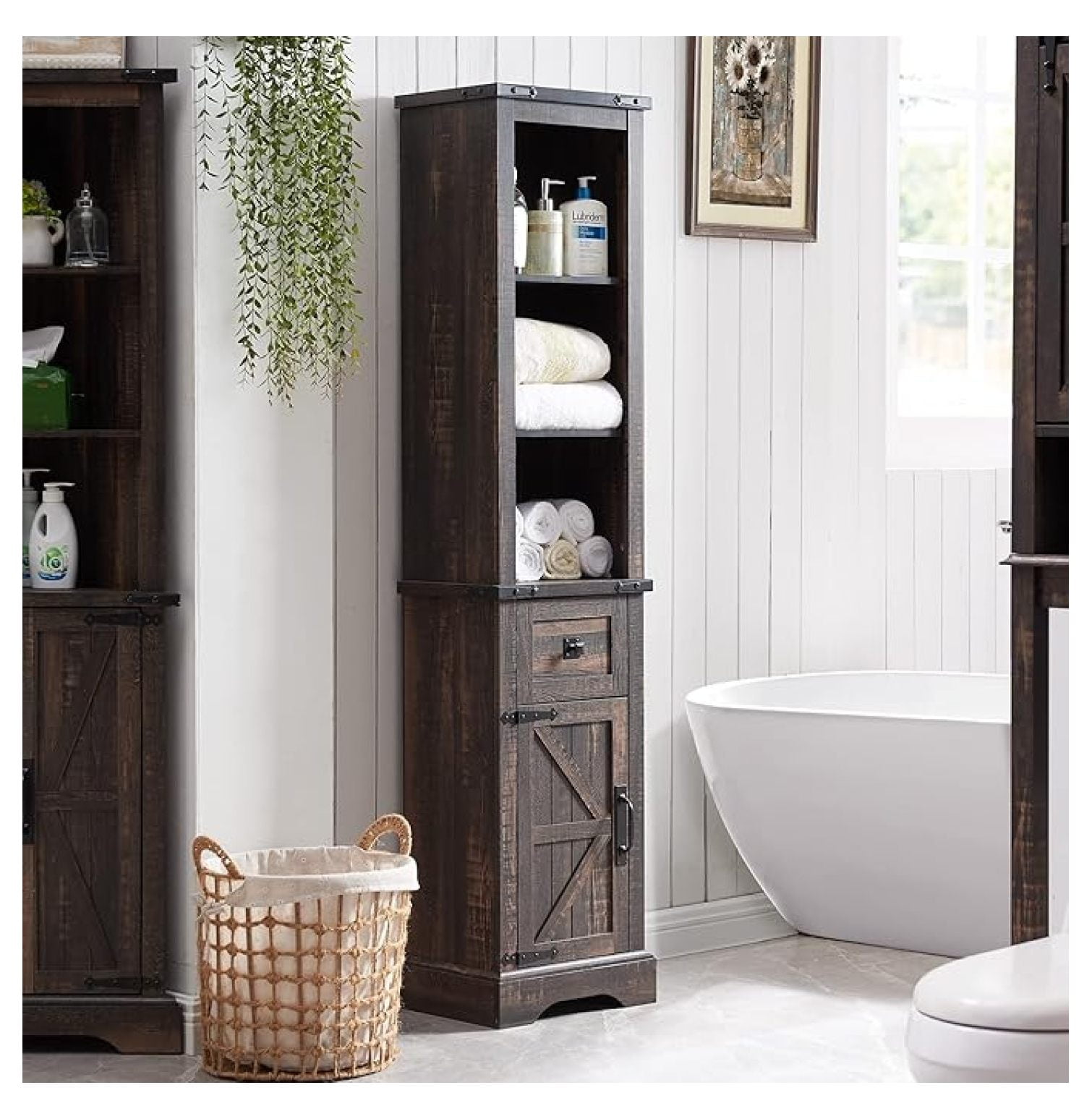 Bathroom Storage Cabinet, Farmhouse Linen Tower with Adjustable Shelves ...