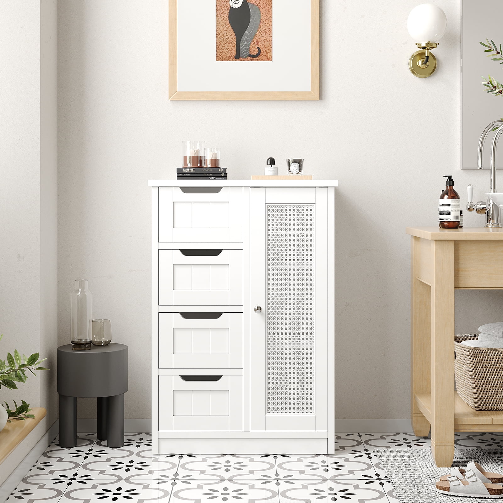 White Freestanding Bathroom Storage Cabinet with 4 Drawers, 1 Cupboard ...