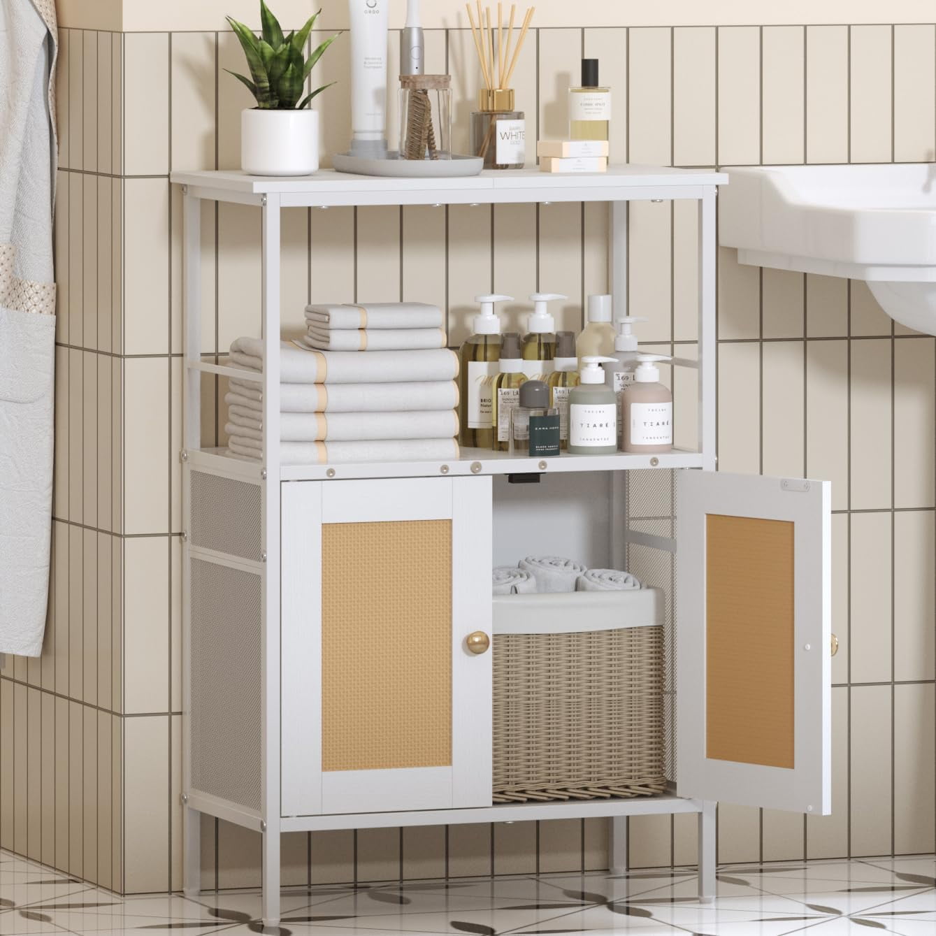 Bathroom Storage Cabinet with Rattan Doors, Metal Frame Bathroom Floor ...