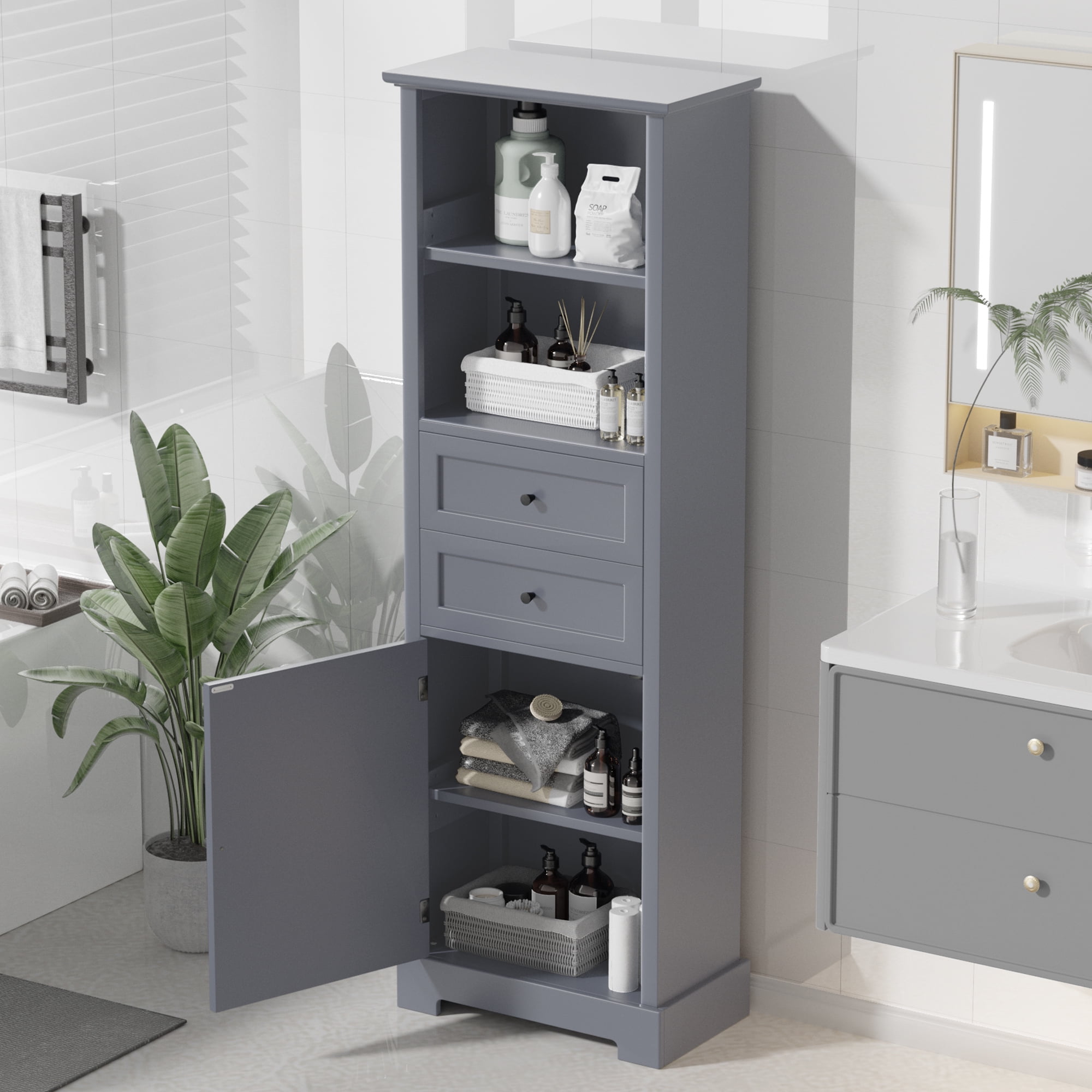 Bathroom Storage Cabinet, Tall Storage Cabinet With Two Drawers, Open ...