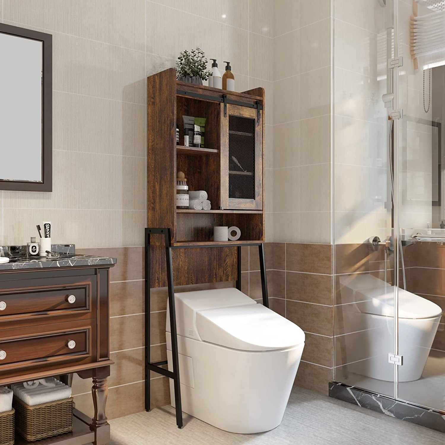 Bathroom Storage Cabinet over Toilet w/Adjustable Shelf & Sliding Door ...