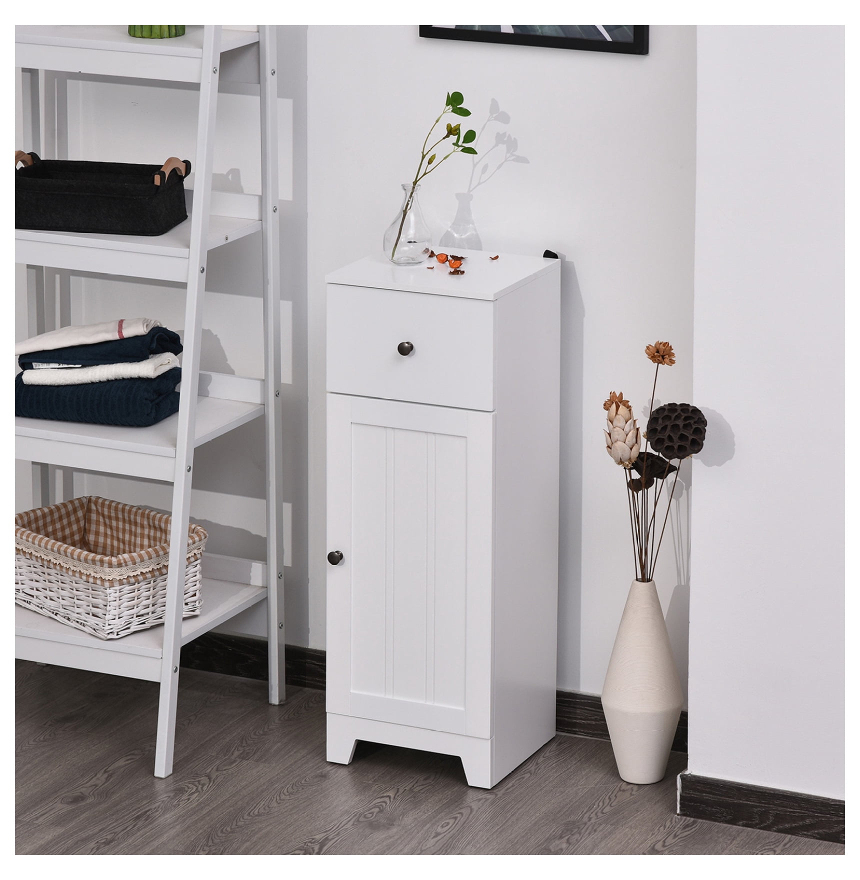 Bathroom Storage Cabinet, White Organizer with Drawer & Adjustable ...
