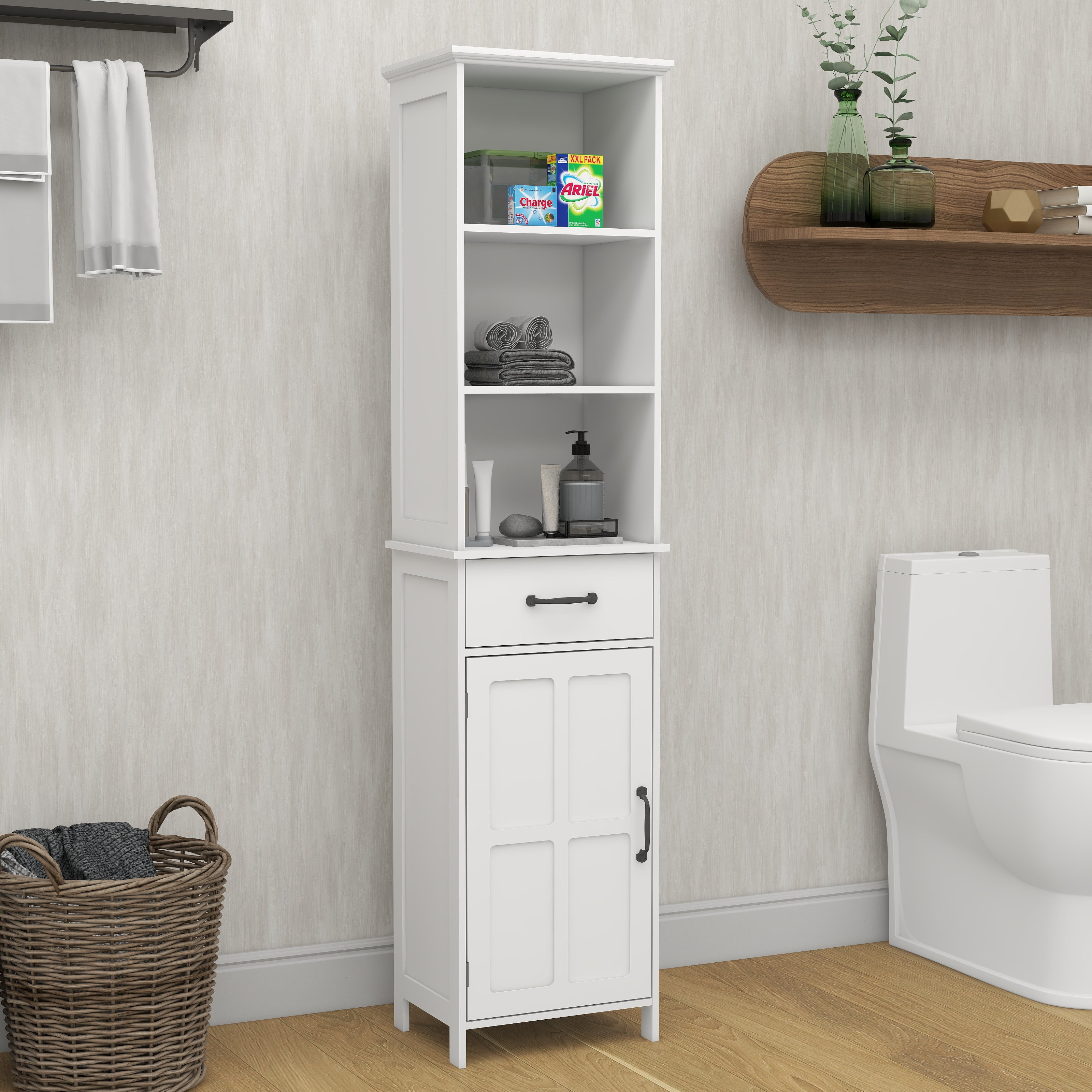 Bathroom Storage Cabinet With Adjustable Shelf And Open Shelves, Tall ...