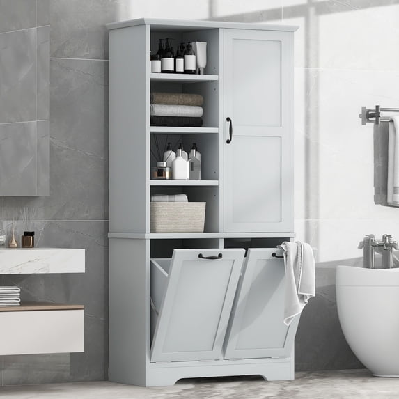 Bathroom Storage Cabinet with 2 Laundry Hamper, Wooden Bathroom Pantry ...