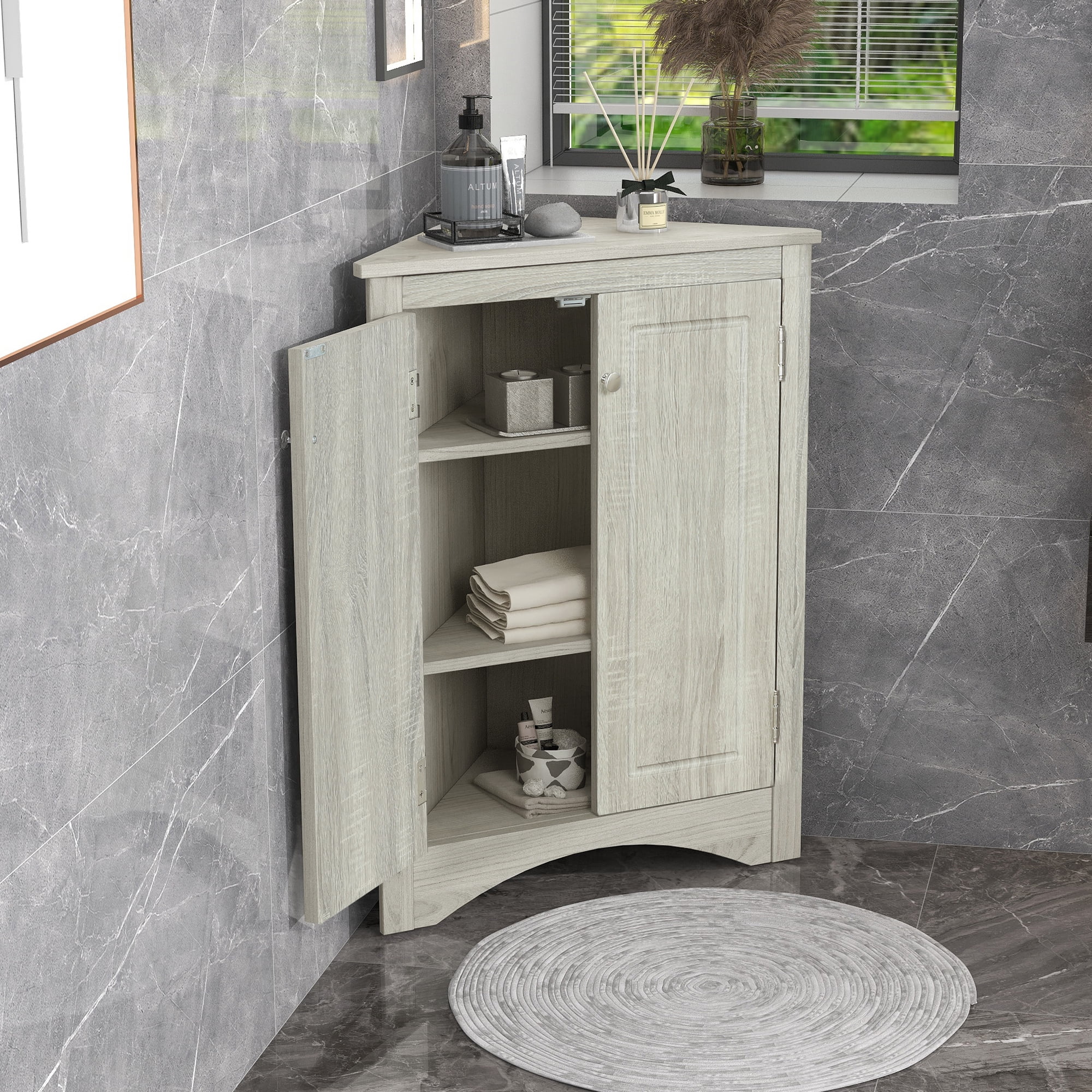 Bathroom Storage Floor Cabinet, Corner Shower Towel Storage Organizer ...