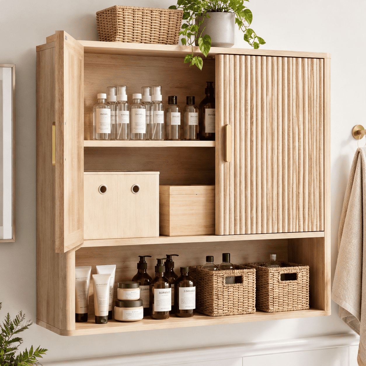 Bathroom Storwall Cabinet With Adjustable Wood Sh& Doors Over The ...