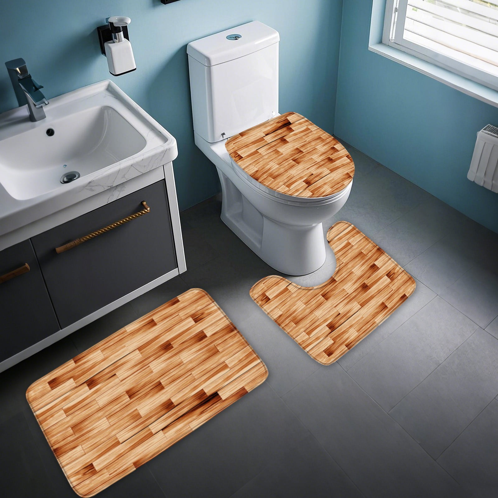 Bathroom Super Absorbent 3Pcs Floor Mat Set, Non-Slip U-Shaped Floor ...