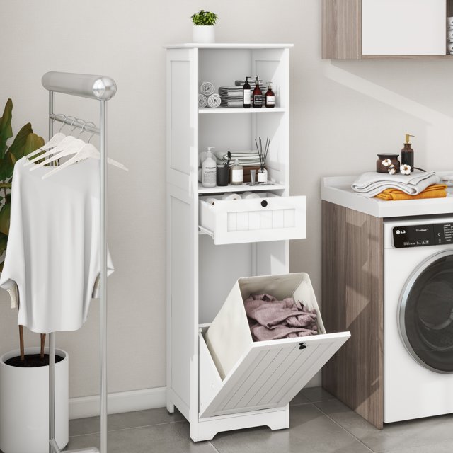 Bathroom Tall Cabinet Hidden Laundry Hamper Cabinet, Large Laundry Room ...