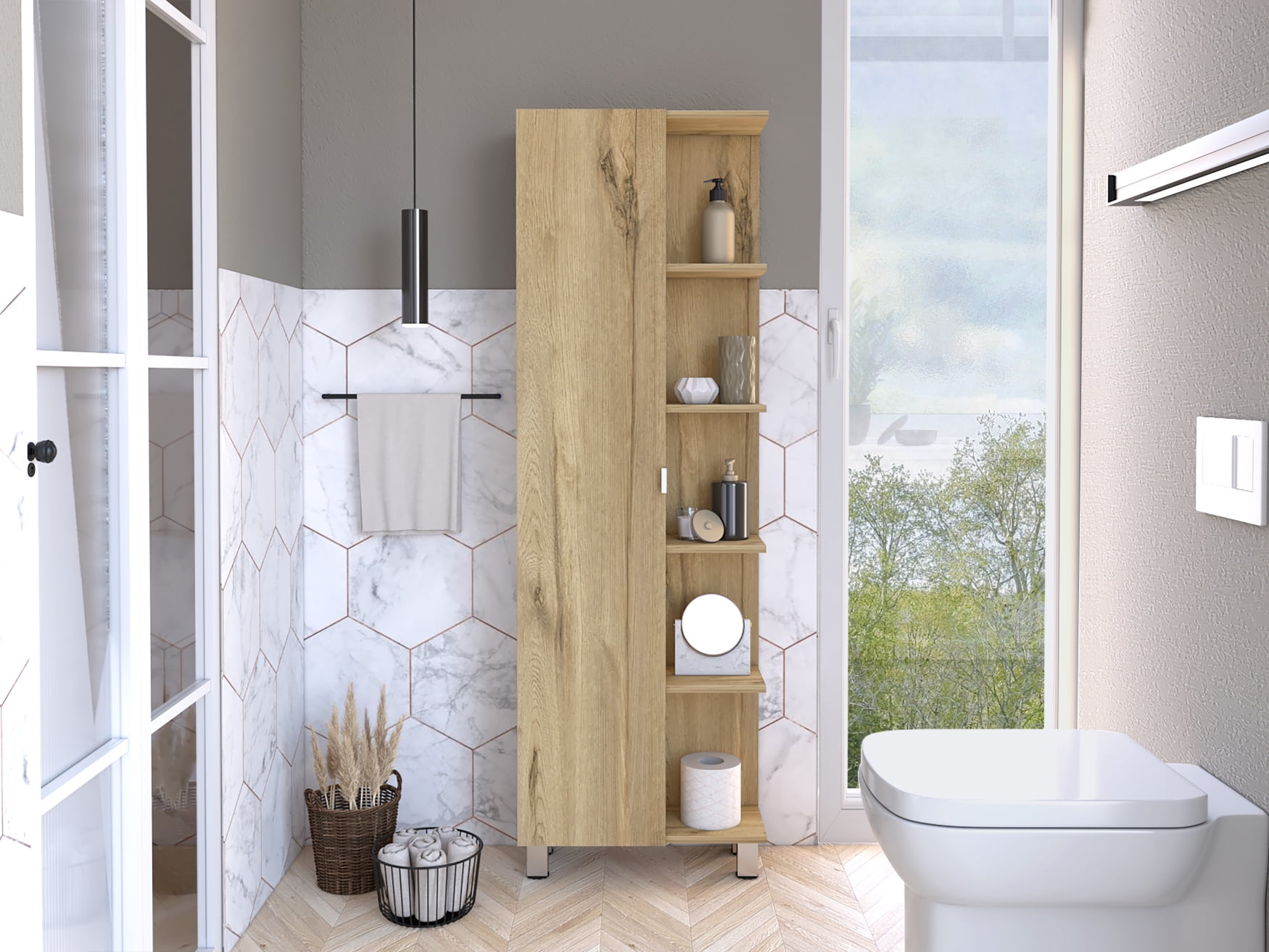 Bathroom Tall Storage Cabinet with Five External Shelves, Linen Cabinet ...
