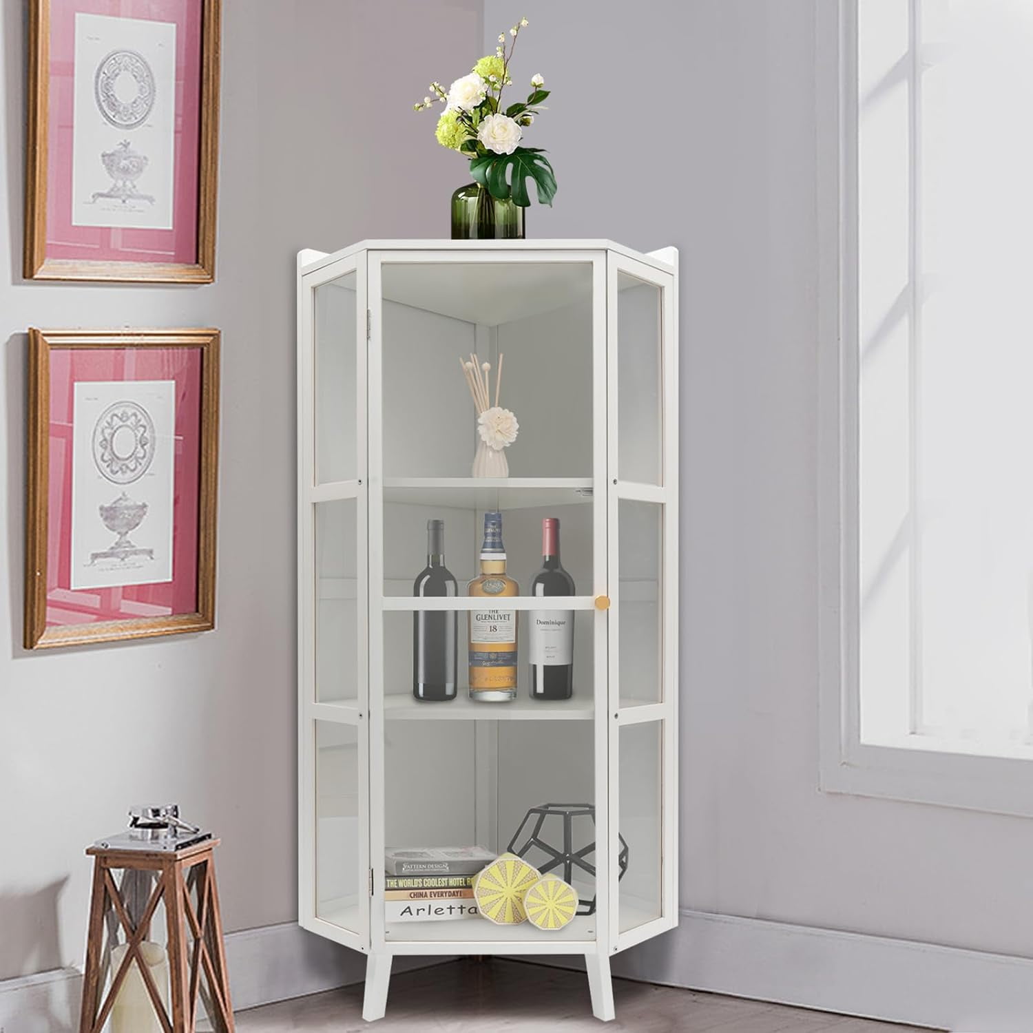 Bathroom Tall White Corner Storage Cabinet, Floor Slim Display Storage ...