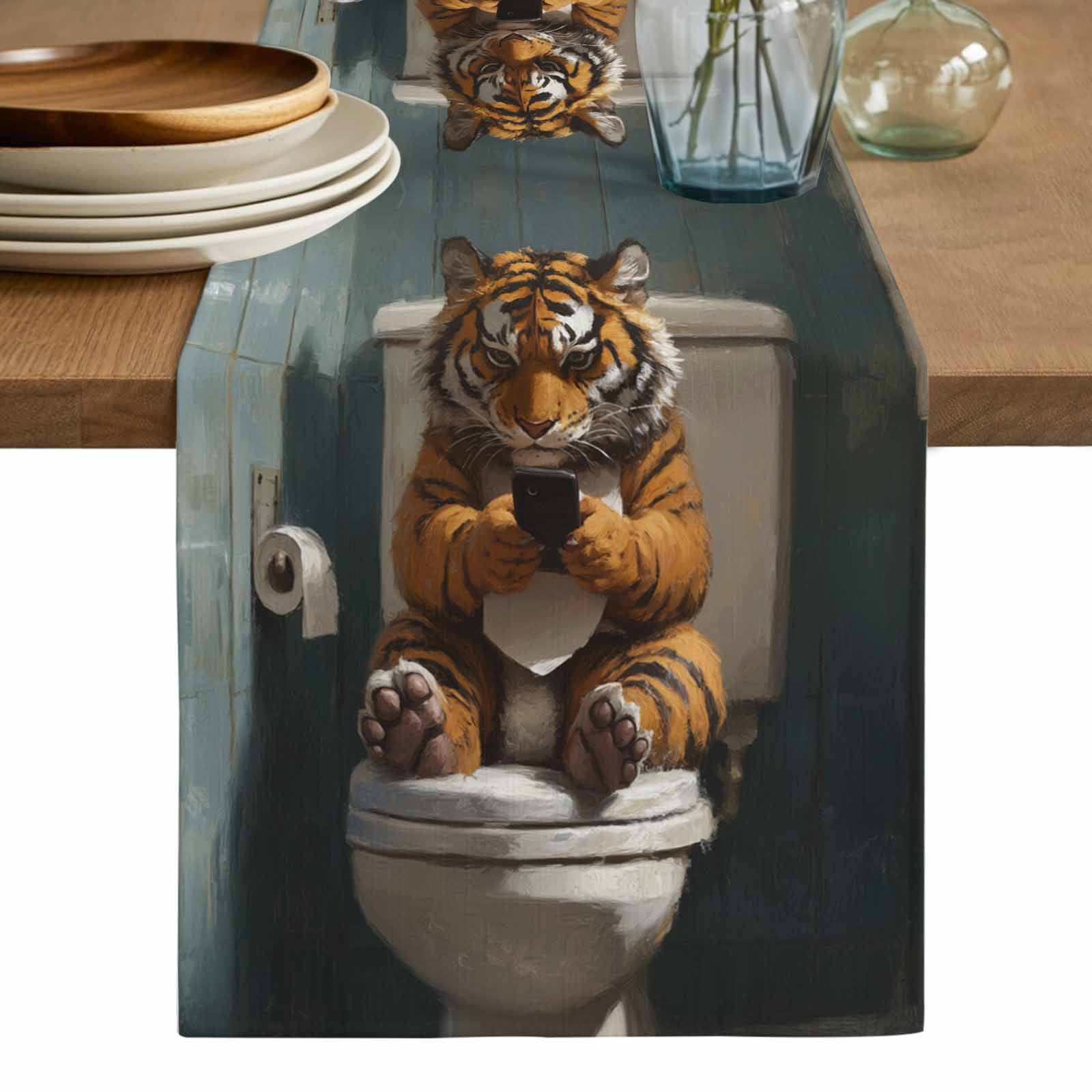 Bathroom Tiger Table Runner, Toilet Animals Vintage Washable Cotton ...