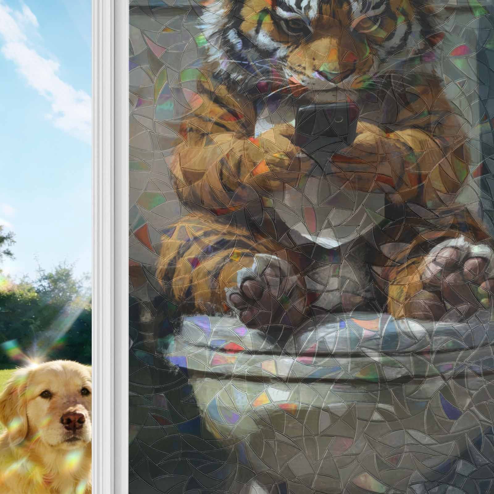 Bathroom Tiger Window Privacy Film Stain Glass, Reusable Decorative ...