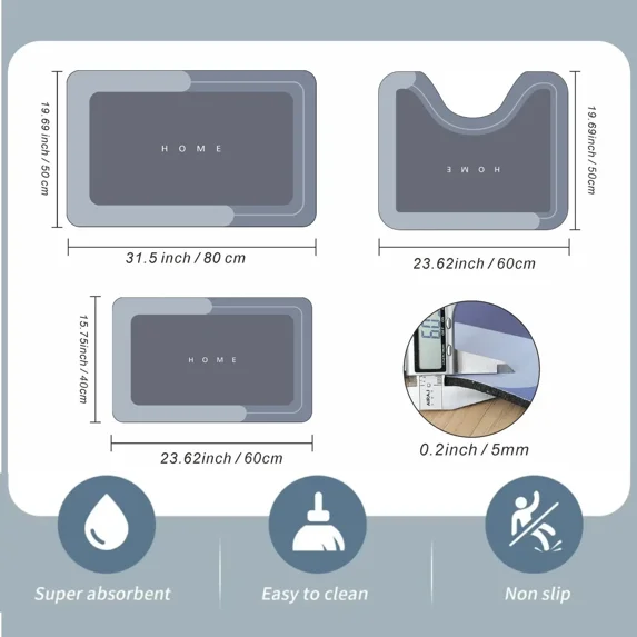Bathroom Toilet Mat, 3-Piece Set, Quick-Drying Water-Absorbing Floor ...
