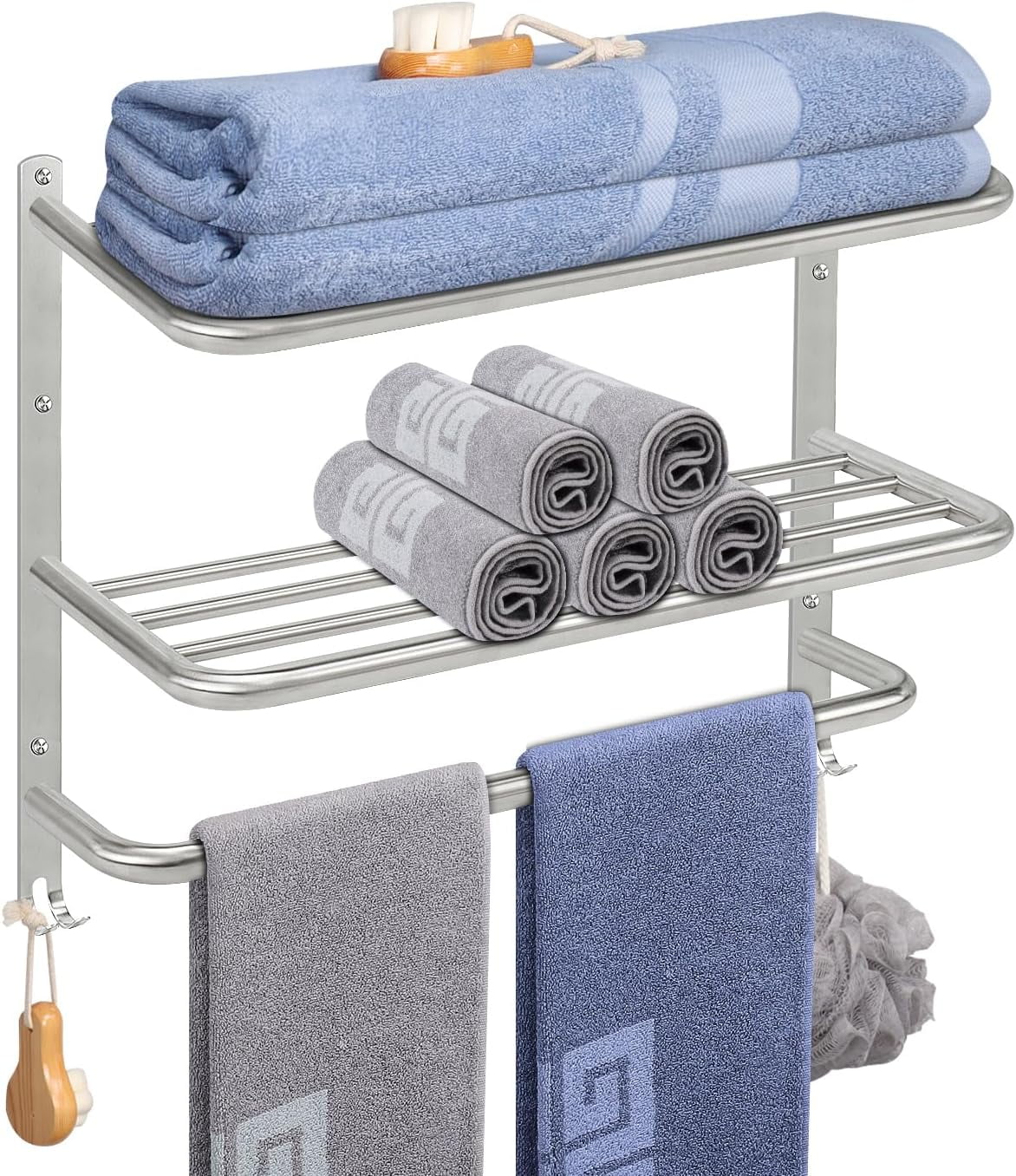 Bathroom Towel Rack, 3-Tier Towel Holder with Hooks, SUS304 Stainless ...